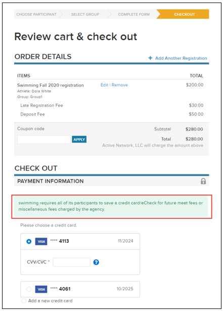 Saving Billing Information During Online Registration
